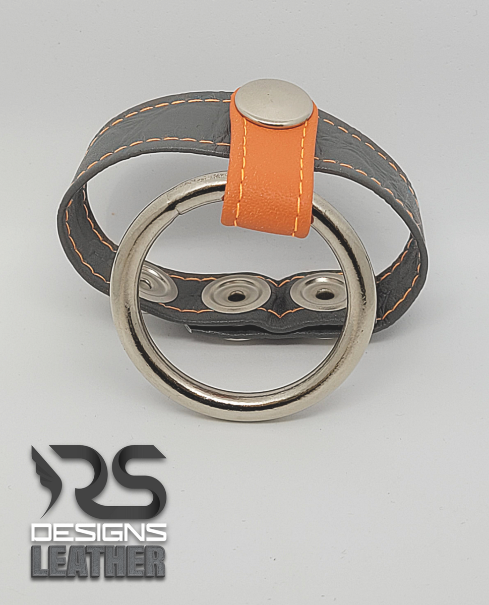 British Cockring, Light Gray Crock & Orange LEATHER/ Snap metal ring ...